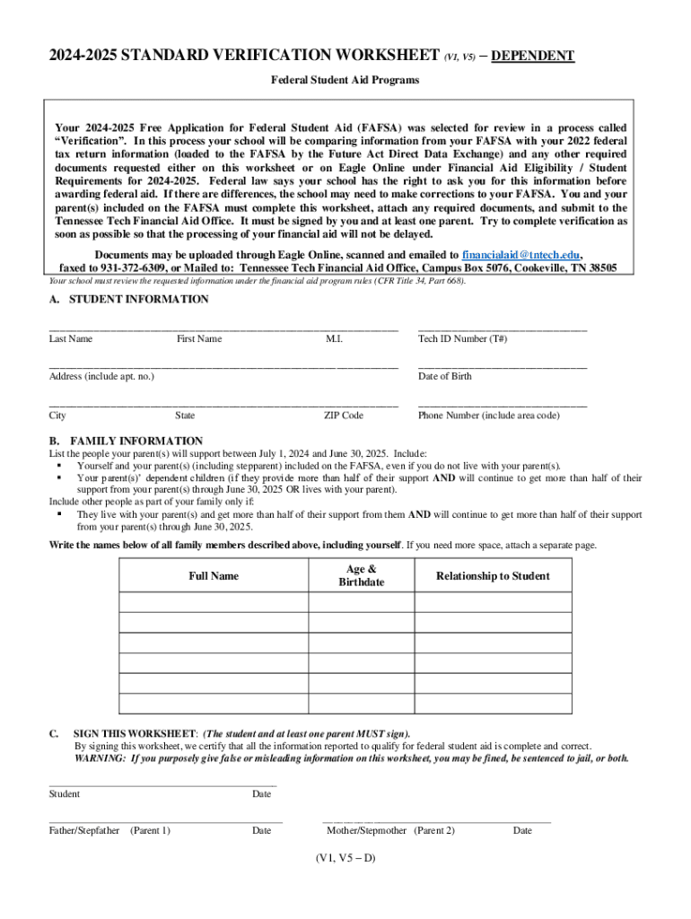 Fillable Online 2024-2025 STANDARD VERIFICATION WORKSHEET (V1, ... Fax Email Print - pdfFiller