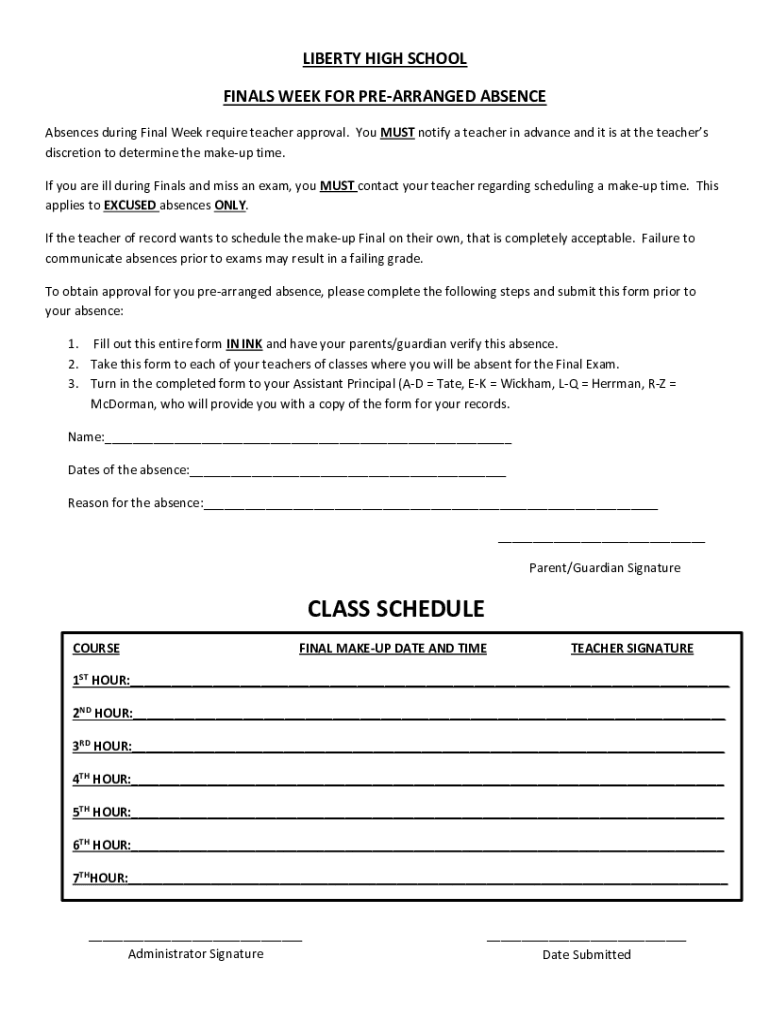 Fillable Online Prearranged Absence Form Liberty High School Fax Email ...