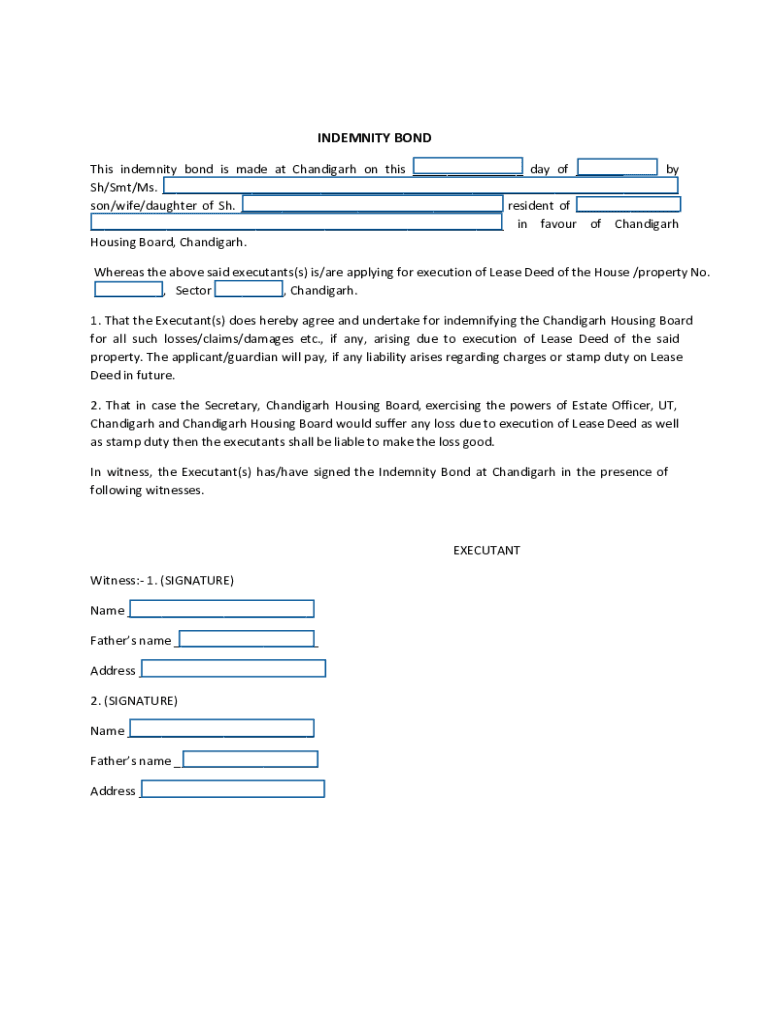 Fillable Online INDEMNITY BOND (For Transfer on the basis of Sale/Gift ...