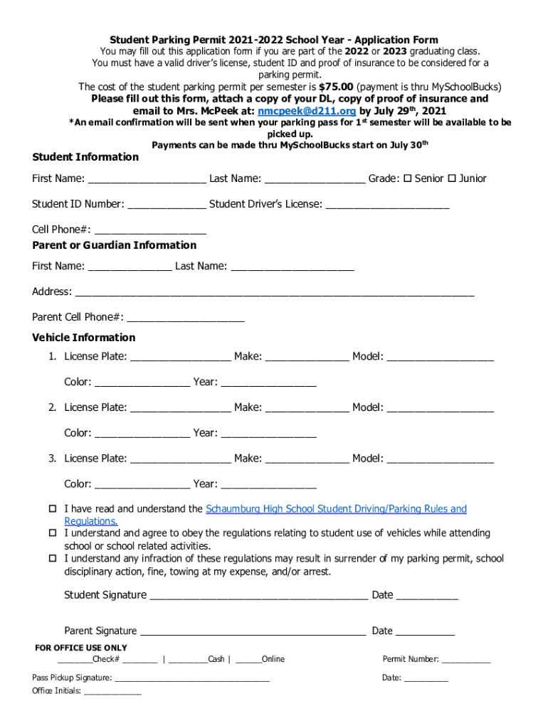 Fillable Online adc d211 Student Parking Permit 2021-2022 School Year - Application Form Fax ...