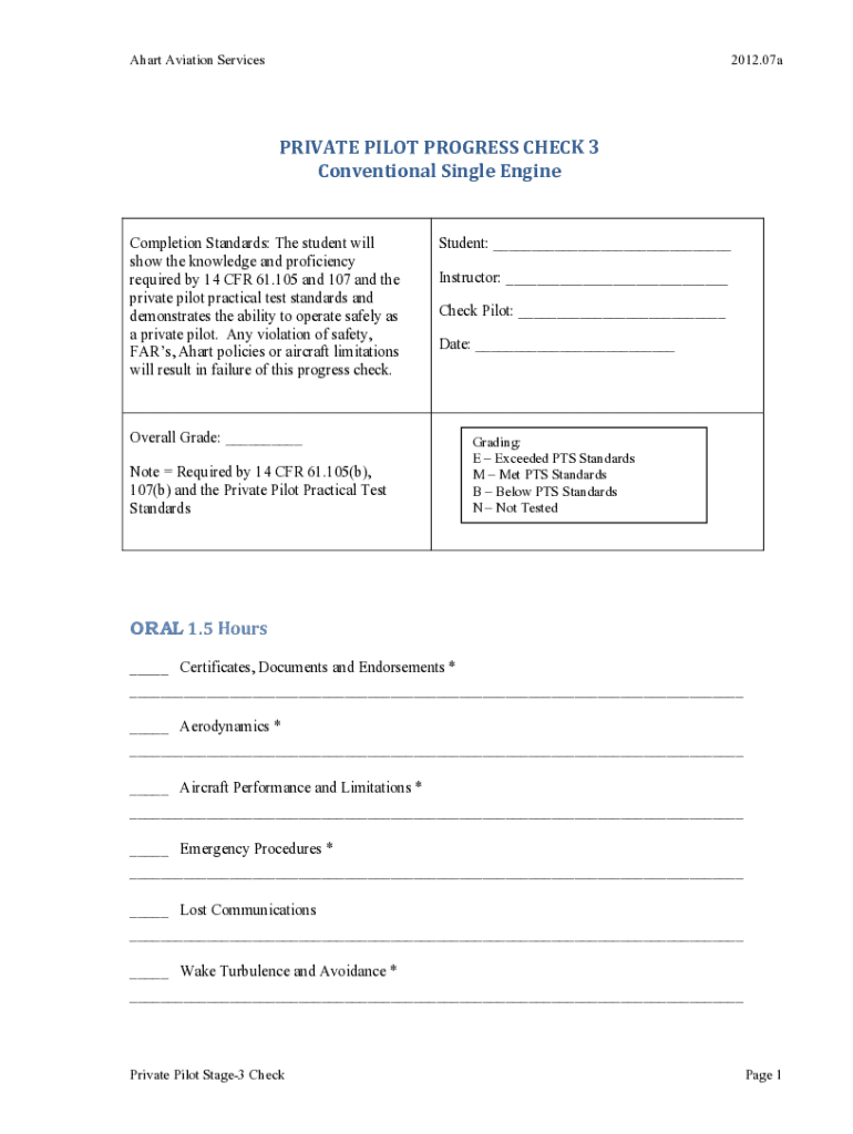 Fillable Online PRIVATE PILOT PROGRESS CHECK 3 Conventional Single ...