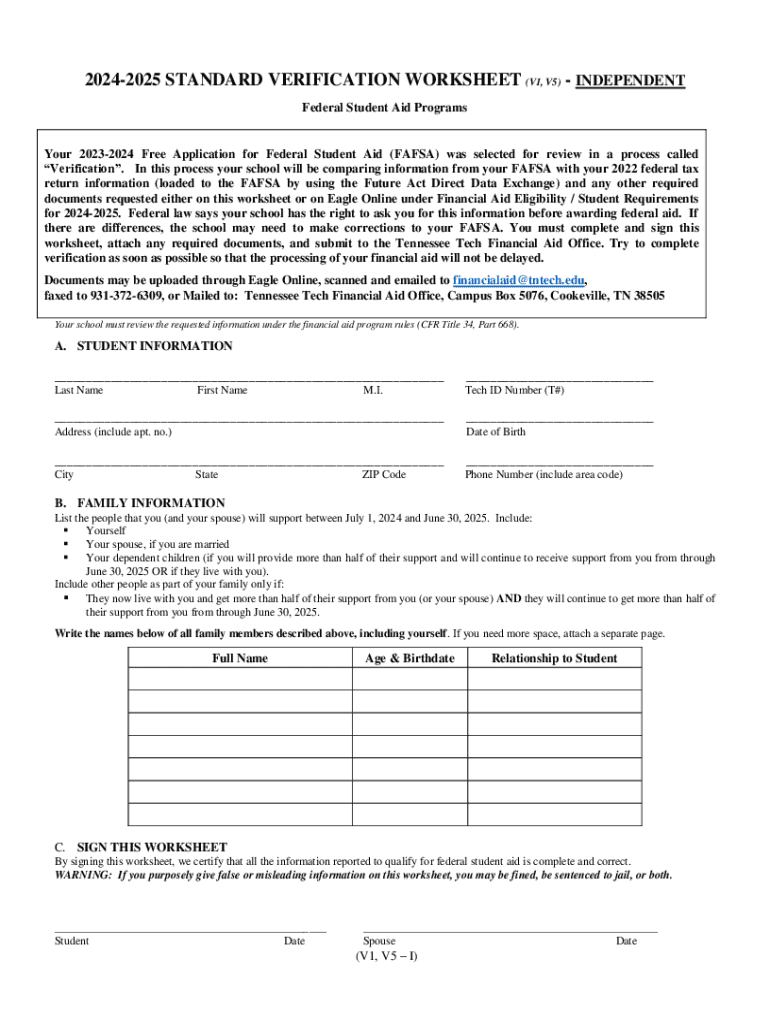 Fillable Online 20242025 Standard Verification Worksheet V1- ... Fax ...