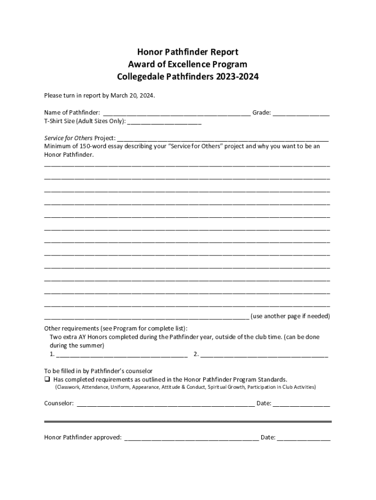 Fillable Online Pathfinder Honor Sash Fax Email Print - pdfFiller