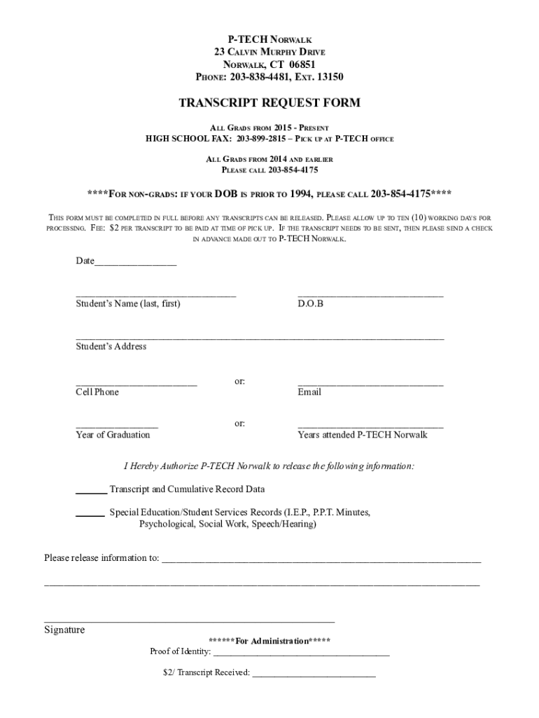 Fillable Online P-TECH Transcript Request Form 2022.doc Fax Email Print ...
