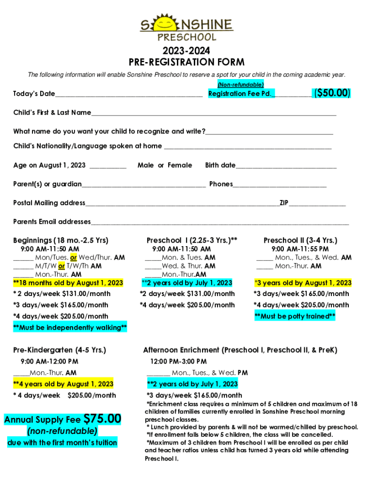 Fillable Online SONSHINE CHRISTIAN PRESCHOOL Registration Form ... Fax ...