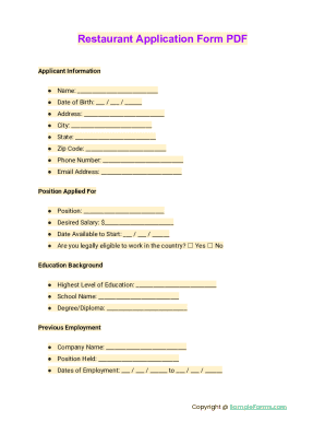 Fillable Online FREE 12+ Restaurant Application Form Samples, PDF, MS ...