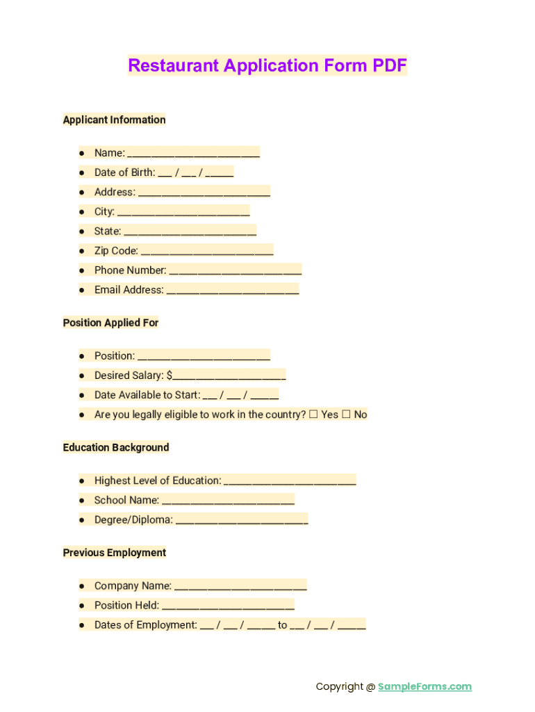 Fillable Online FREE 12+ Restaurant Application Form Samples, PDF, MS ...