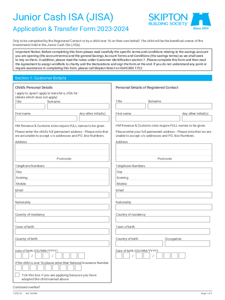 Fillable Online Junior Cash ISA (JISA) - Application & Transfer Form ...