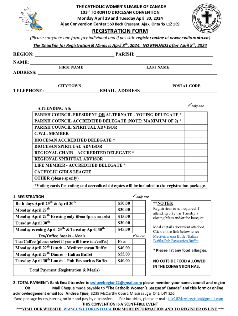 Fillable Online 103rd Annual Convention of Toronto Diocesan Council ...