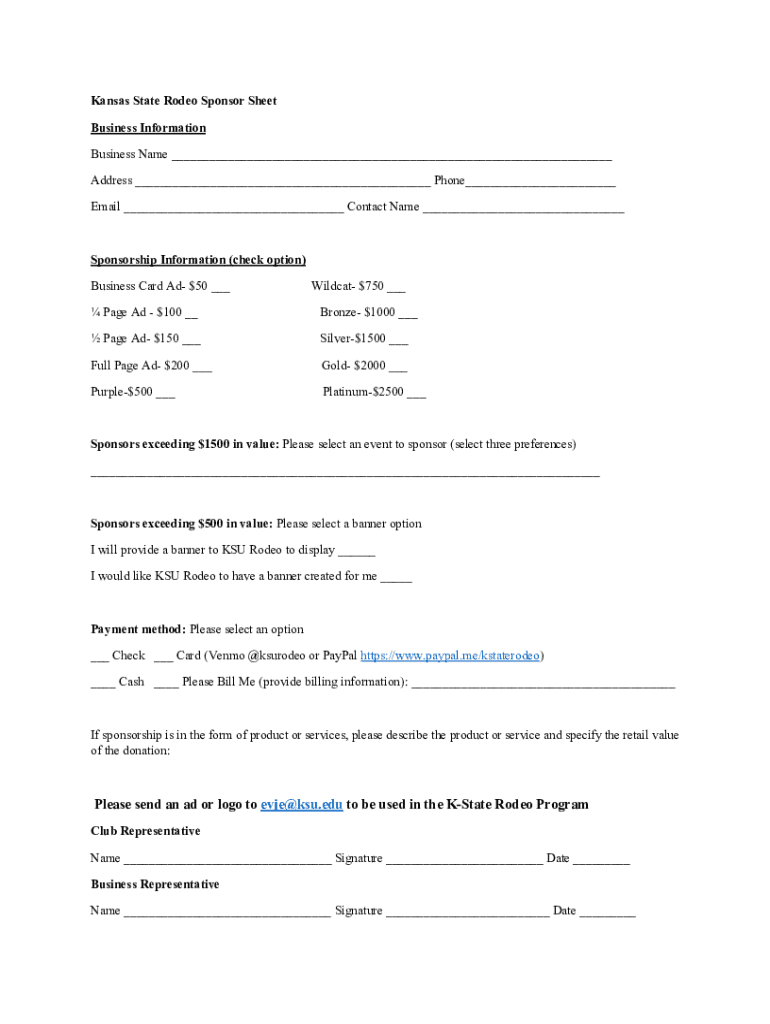 Fillable Online Kansas State Rodeo Sponsor Sheet Fax Email Print ...