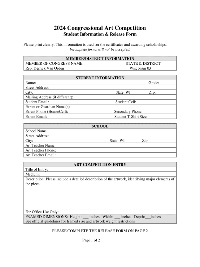 Fillable Online Art CompetitionRepresentative Derrick Van Orden - House.gov Fax Email Print ...
