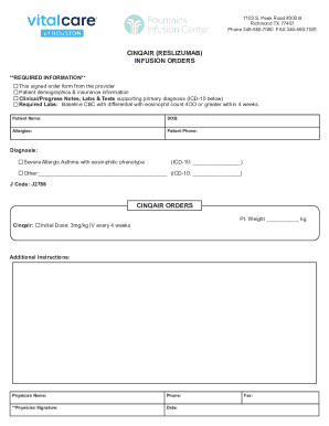 Fillable Online CINQAIR ORDERS CINQAIR (RESLIZUMAB) INFUSION ORDERS Fax ...