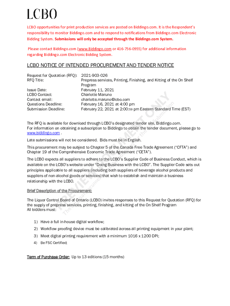 Fillable Online LCBO NOTICE OF INTENDED PROCUREMENT ... - LoopBee Fax Email Print - pdfFiller