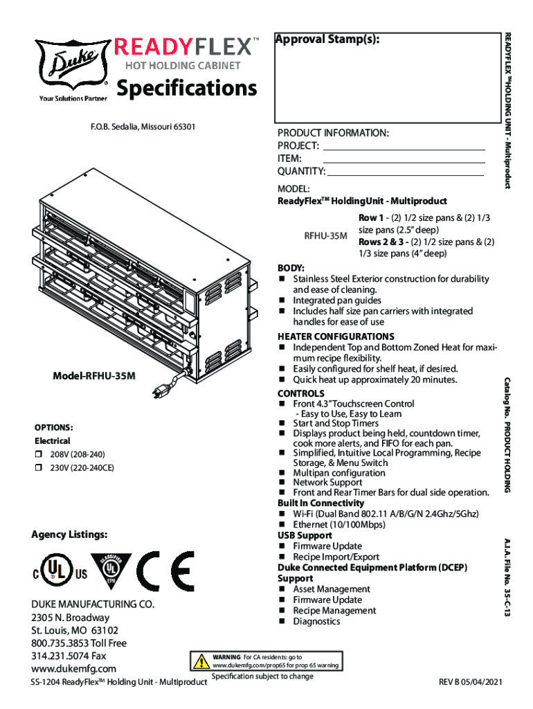 Fillable Online Duke RFHU-22 ReadyFlex Hot Holding Cabinet User Guide ...