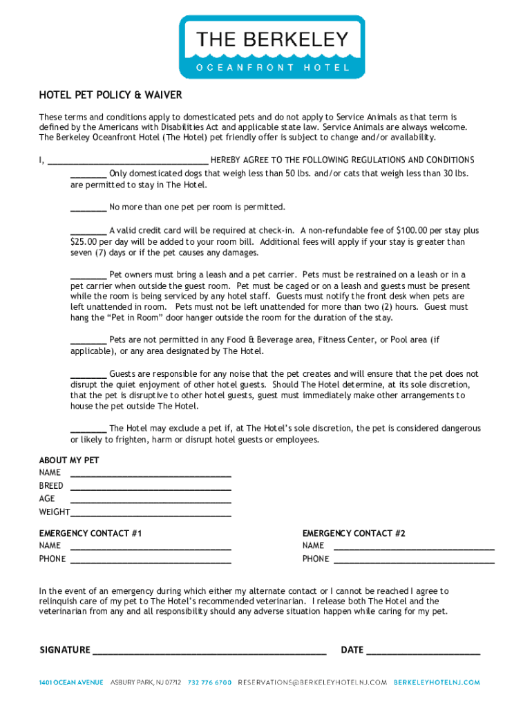 Fillable Online HOTEL PET POLICY & WAIVER Fax Email Print - pdfFiller