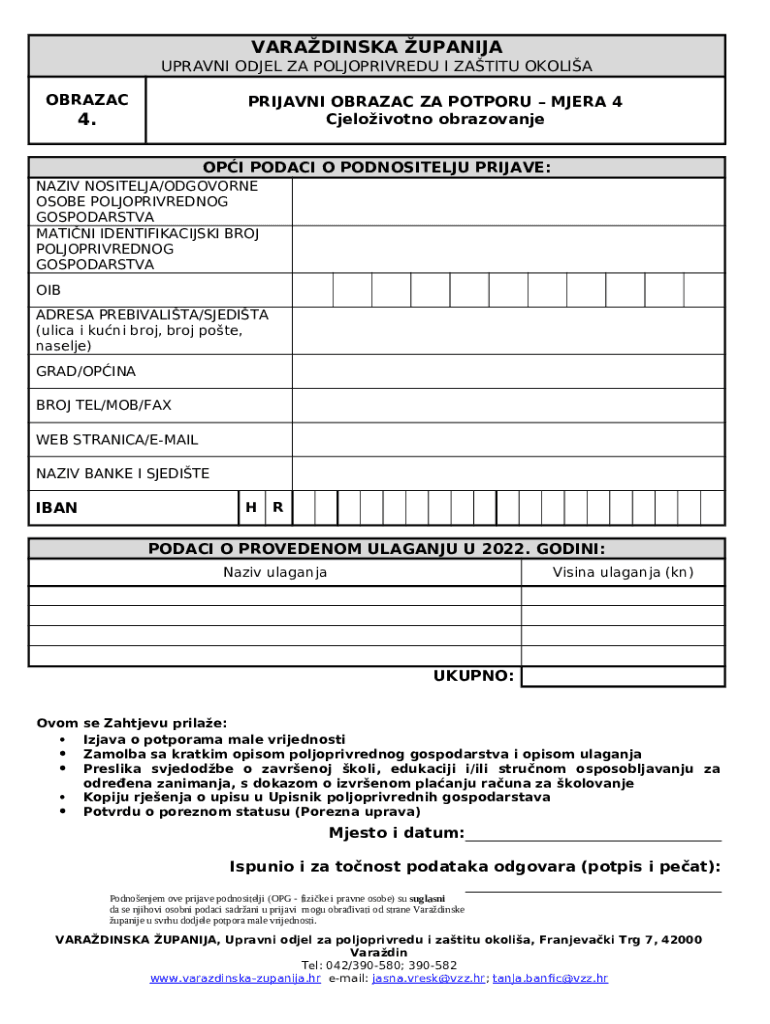 PRIJAVNI OBRAZAC ZA POTPORU MJERA 4 Doc Template | pdfFiller