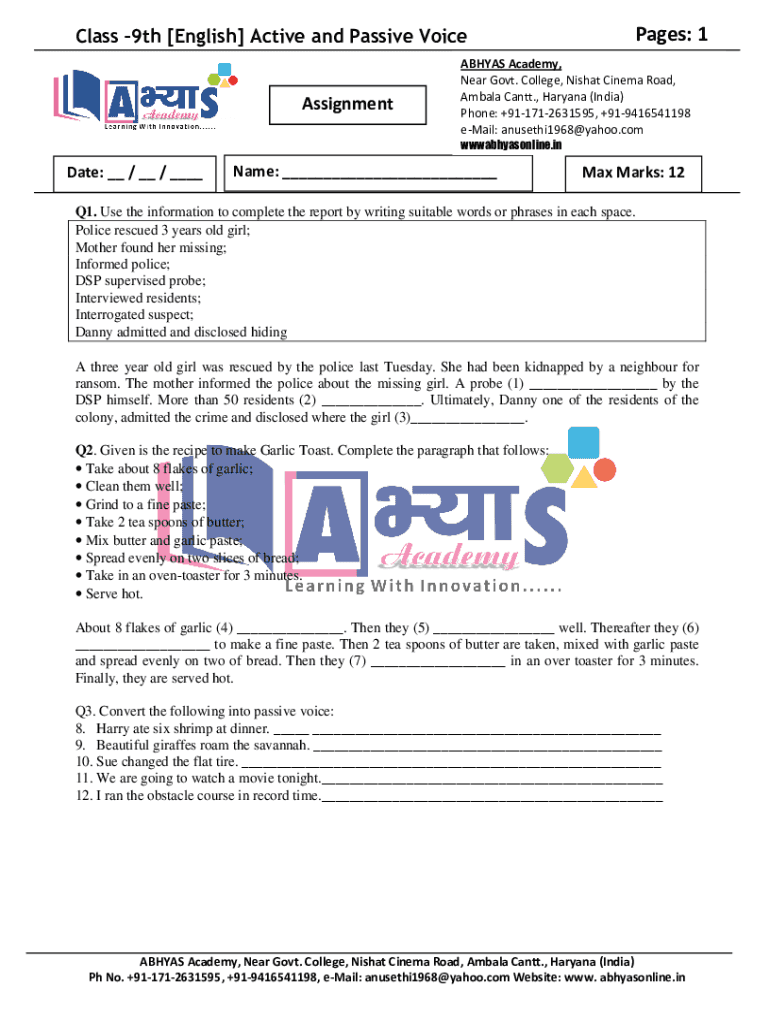 Fillable Online 9th English Active and Passive Voice Assignment 1' Fax ...