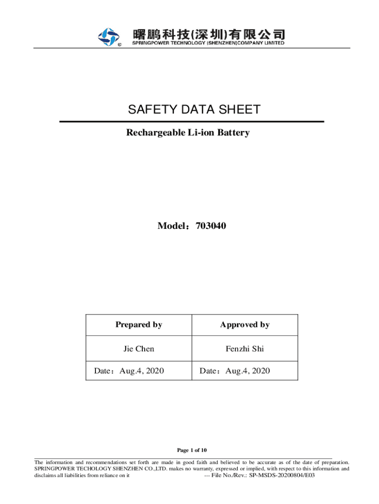 Fillable Online Lithium-ion Rechargeable Battery Safety Data Sheet NAM ...