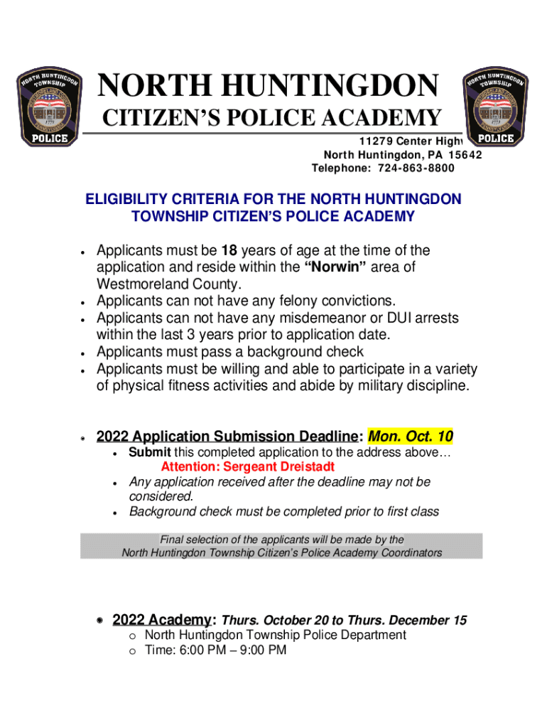 Fillable Online Township of North Huntingdon, PA Police Department Fax ...