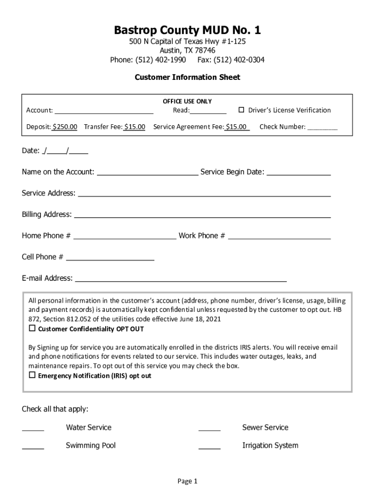 Fillable Online Bastrop County MUD 1 - Municipal Utility District in ...