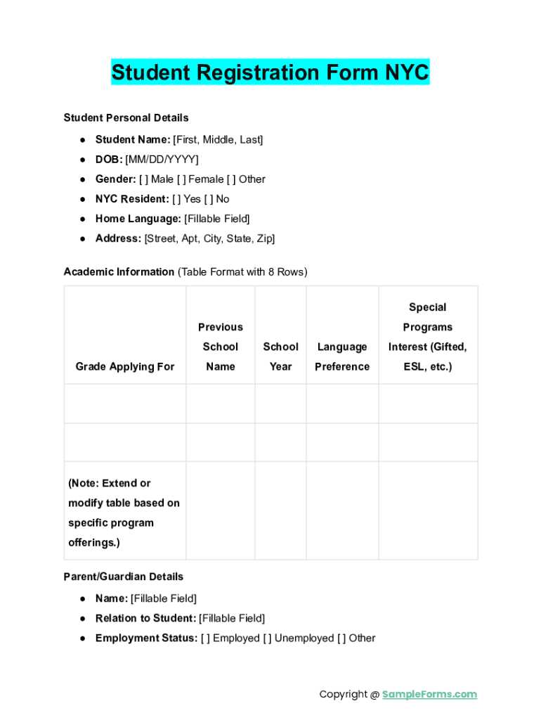 Fillable Online Student Registration Form - NYC Fax Email Print - pdfFiller