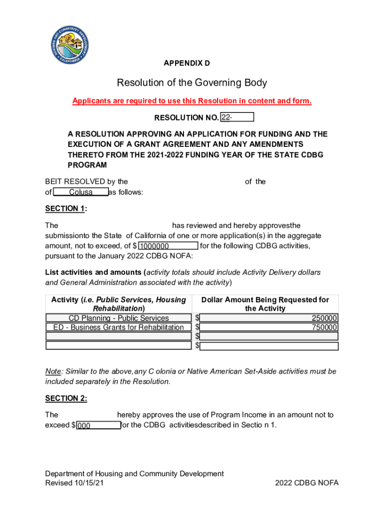 Fillable Online Appendix A: Resolution to Authorize Submission of CDBG ...