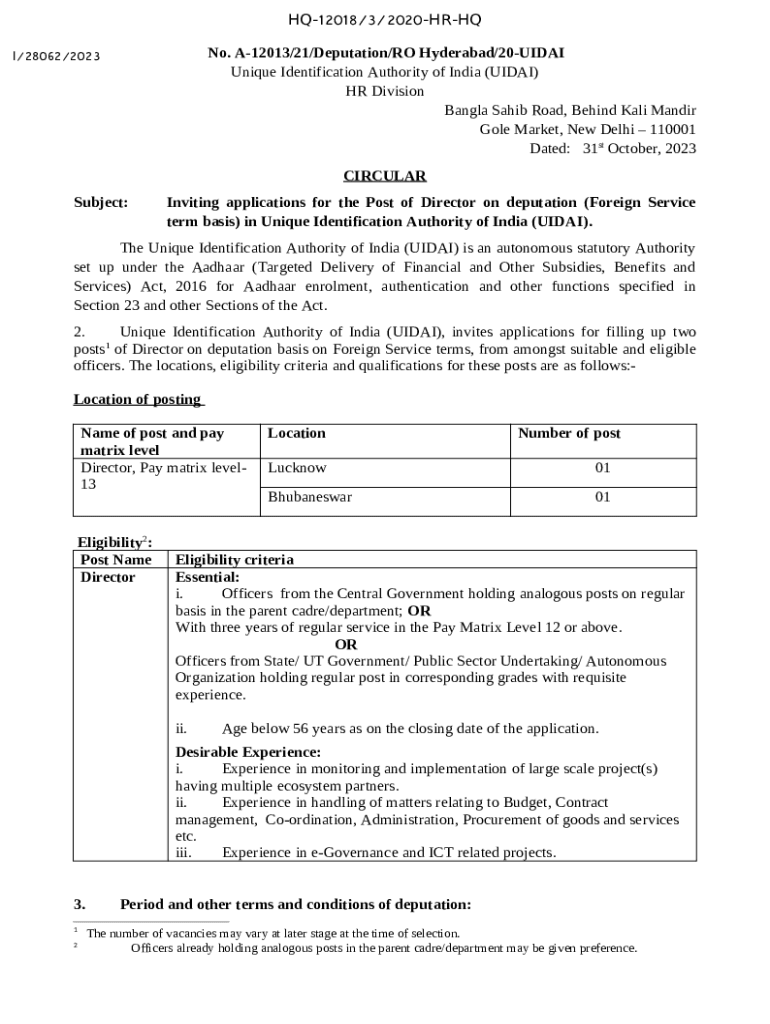 Fillable Online Circulars - Unique Identification Authority of India ...