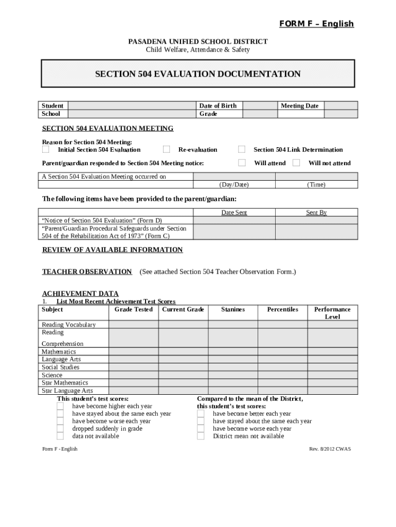 Student Support Services / 504 Plan s Doc Template | pdfFiller