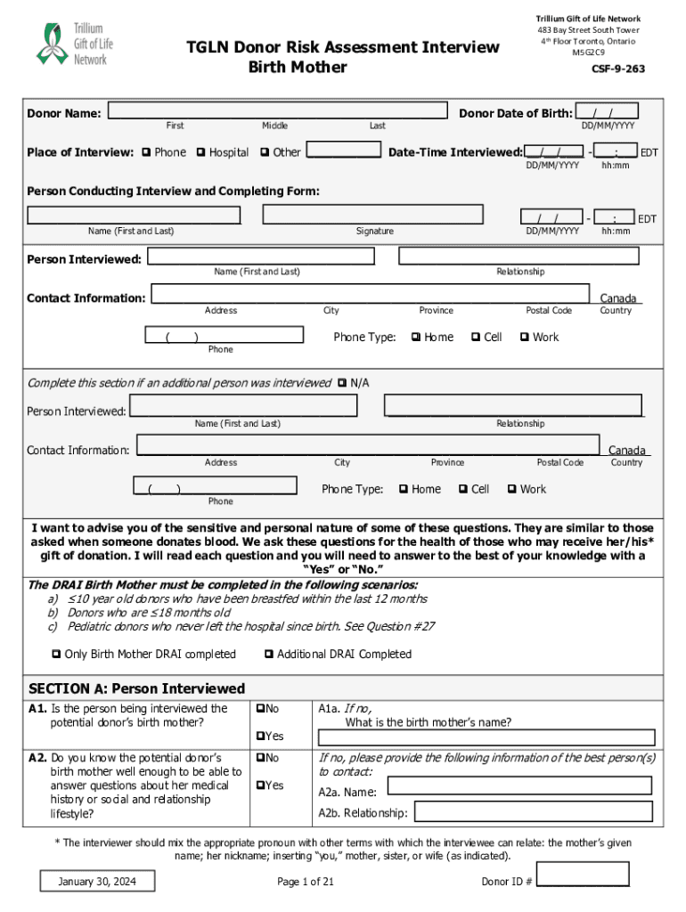 Fillable Online Donor Risk Assessment Interview Birth Mother Fax Email ...