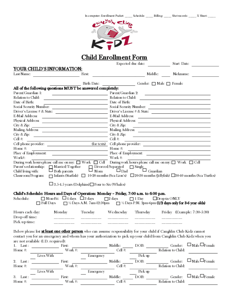 Fillable Online In computer: Enrollment Packet: Schedule: Billing: Shot ...