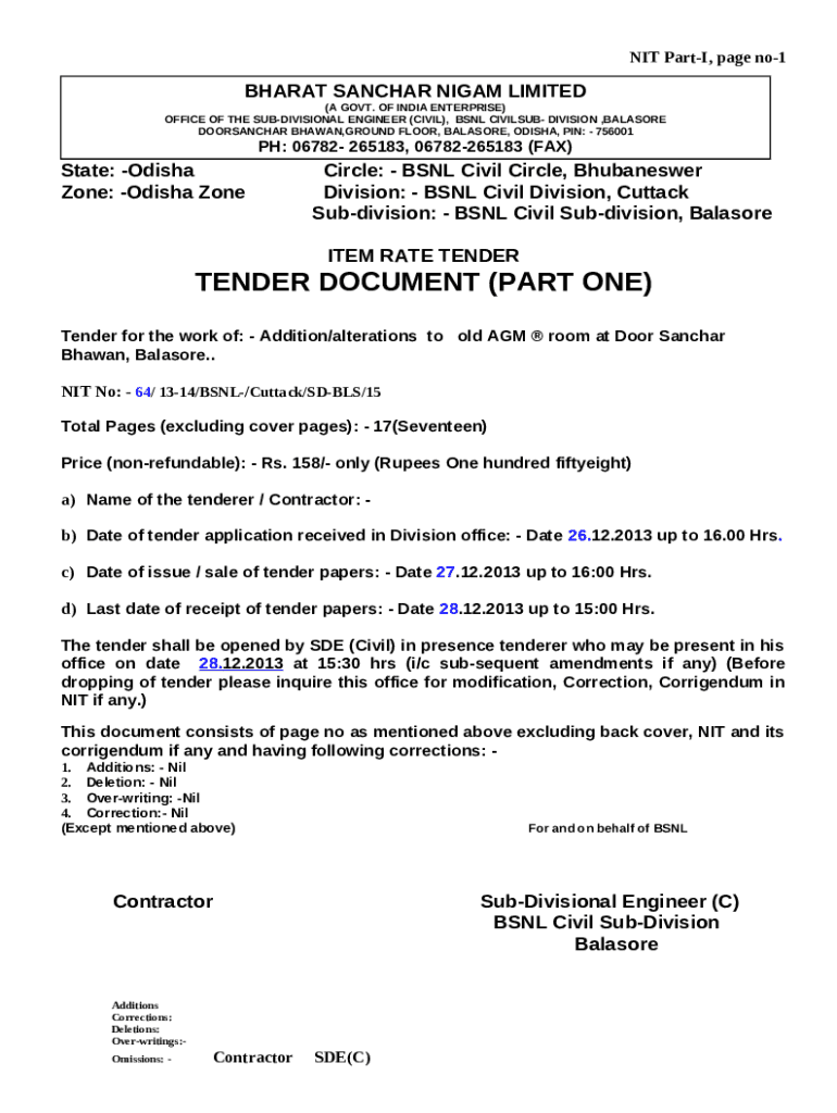 OFFICE OF THE SUB-DIVISIONAL ENGINEER (CIVIL),BSNL CIVILSUB- DIVISION ,BALASORE Doc Template ...