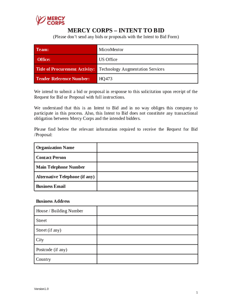 Intent to Bid - Technology Augmentation Services Doc Template | pdfFiller