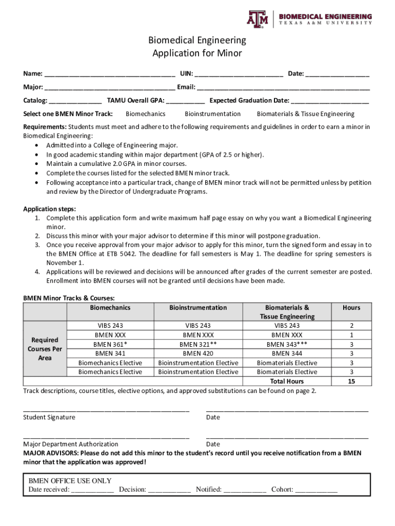 Fillable Online Biomedical Engineering Application for Minor. Biomedical Engineering Application ...