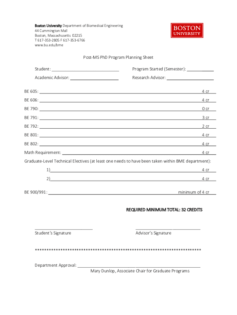 Fillable Online Post-Bachelor's PhD Program Planning Sheet Fax Email Print - pdfFiller