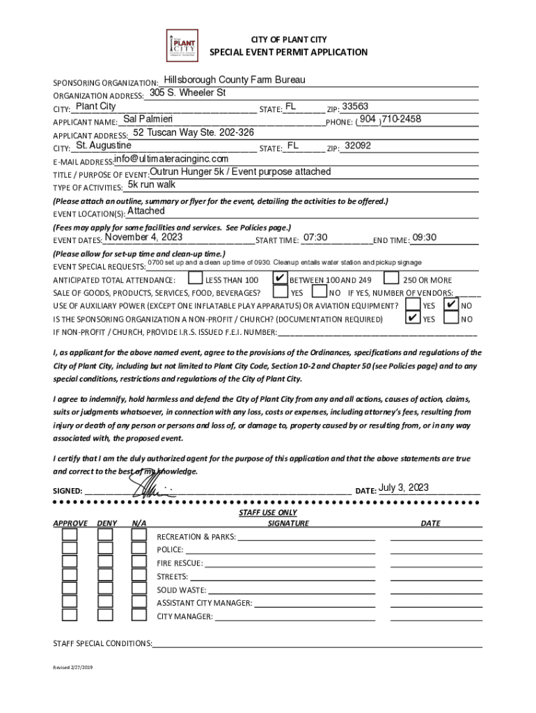 Fillable Online city of plant city - special event permit application Fax Email Print - pdfFiller