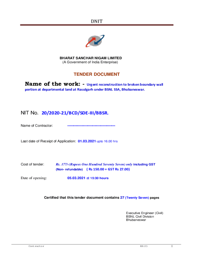 Fillable Online India's BSNL issues a $7.8B tender for BharatNet ...