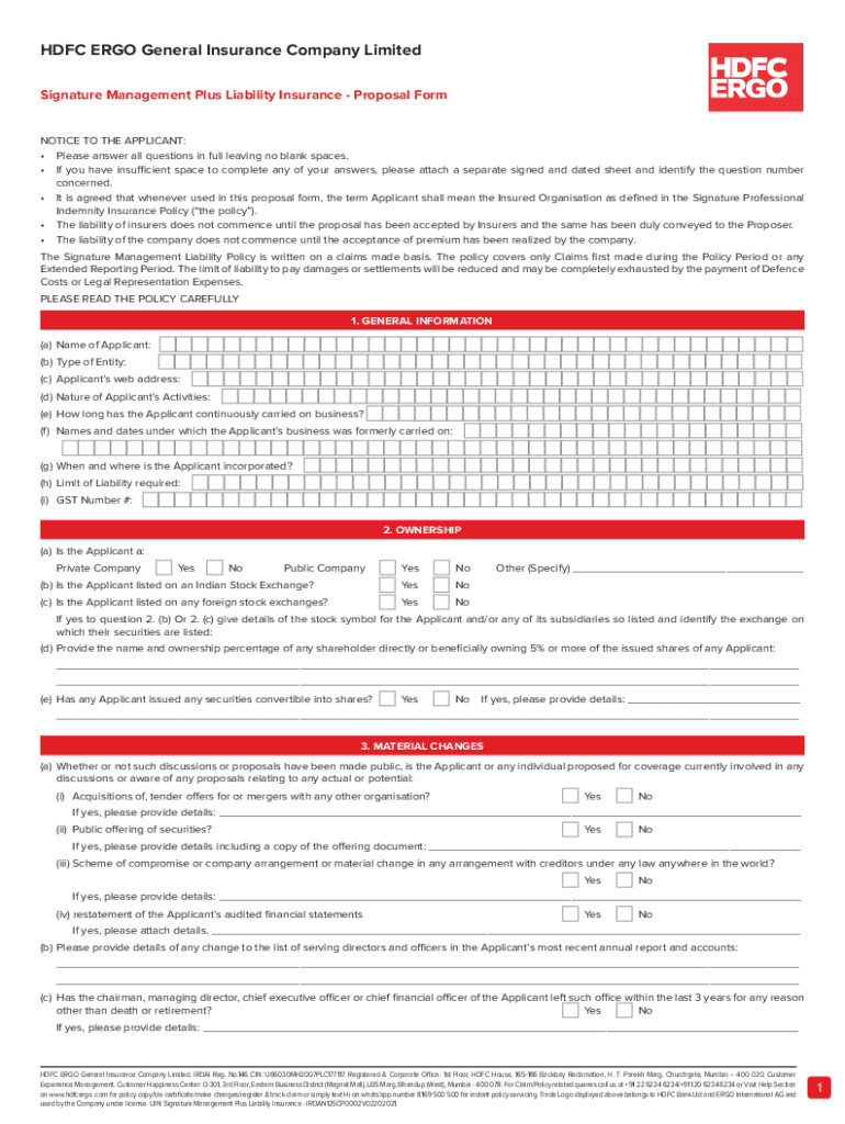 Fillable Online signature-management-liability.pdf - PROPOSAL FORM Fax ...
