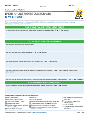 Fillable Online Bright Futures Tool and Resource Kit - 6-Year Visit ...