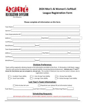 Fillable Online 2024 Men's & Women's Softball League Registration Form ...