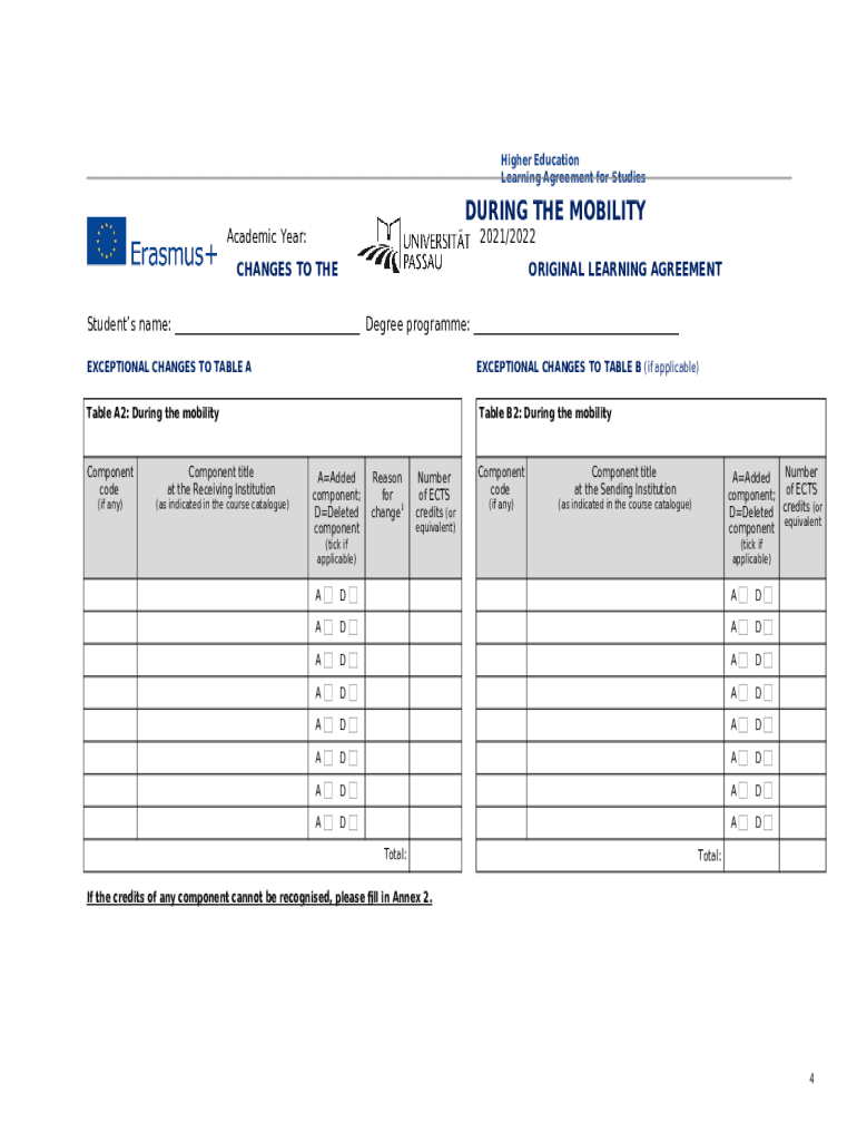 Learning Agreement during Mobility. ... Doc Template | pdfFiller