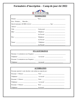Remplissable En Ligne Formulaire d'inscription au camp de jour (1 ...
