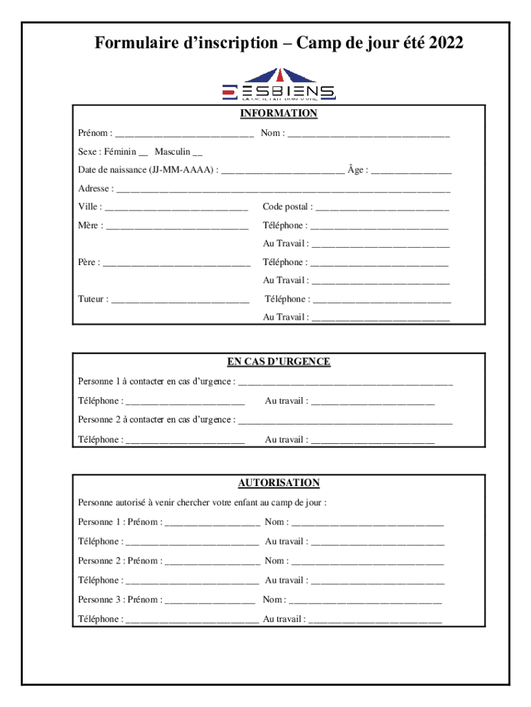 Remplissable En Ligne Formulaire d'inscription au camp de jour (1 ... Fax Email Imprimer - pdfFiller
