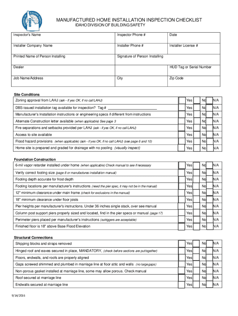 Fillable Online Manufactured Home Installation Basic Safety Inspection ... Fillable Online Manufactured Home Installation Basic Safety Inspection ...