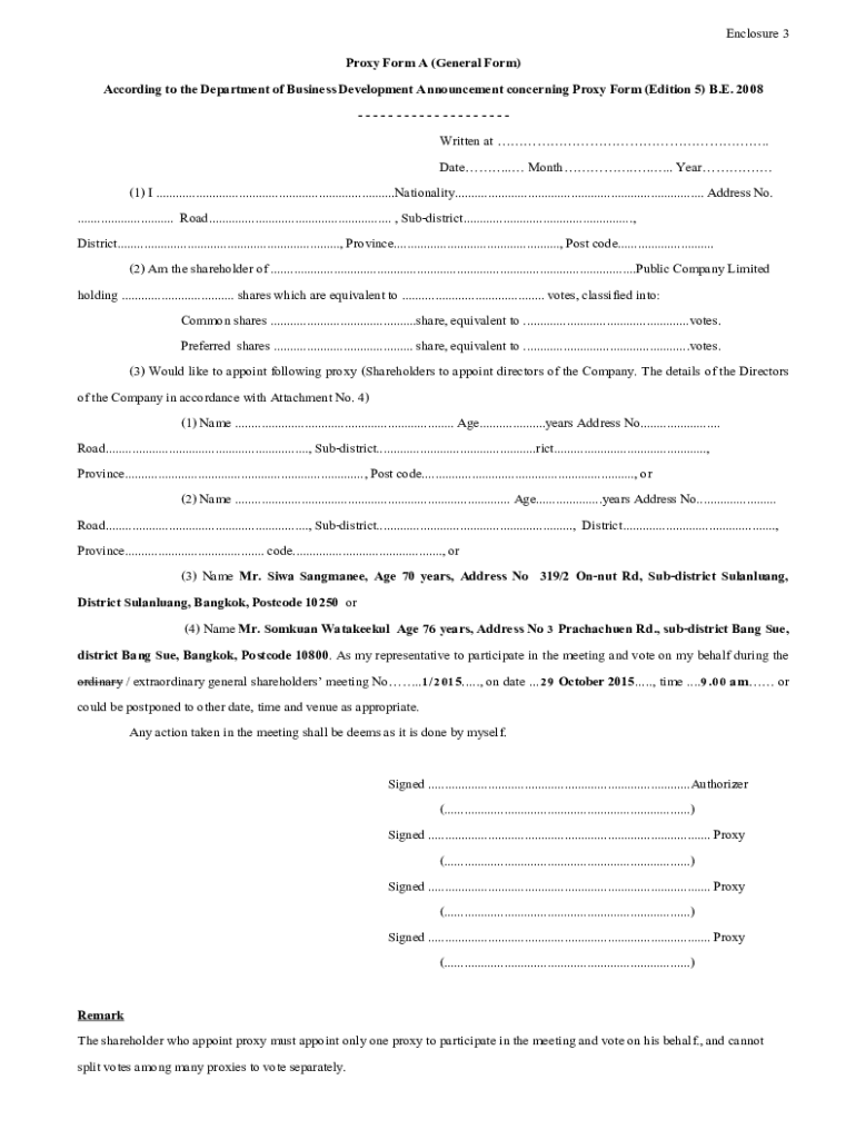 Fillable Online Enclosures 3 17 Proxy Form A (General Form) According ...