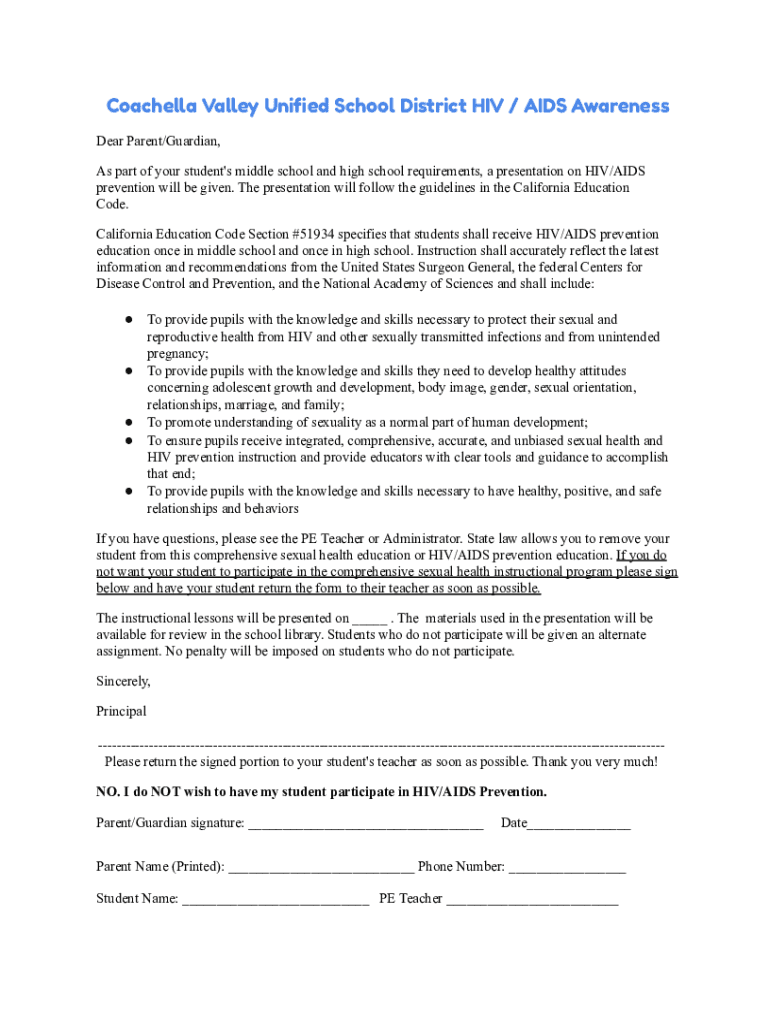 Fillable Online Parent notice HIV / AIDS Awareness - Eng Fax Email ...