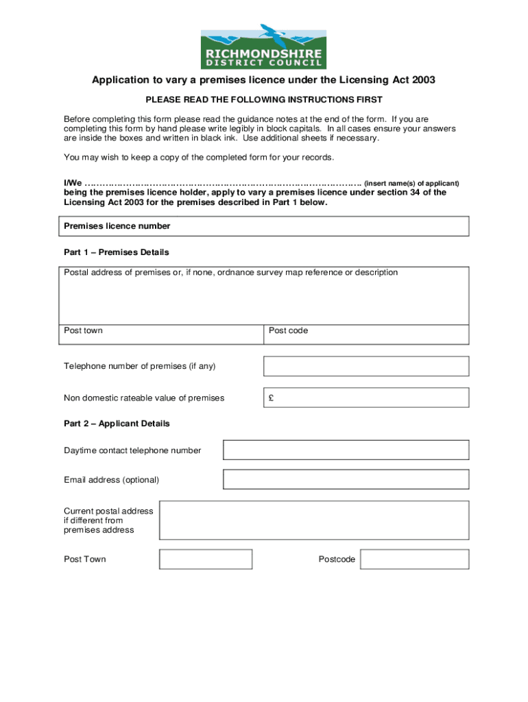Fillable Online Application to vary a premises licence.pdf Fax Email Print - pdfFiller