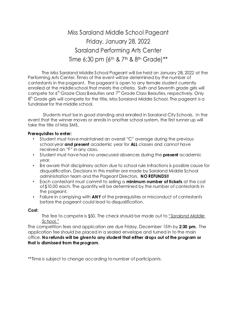 Fillable Online Little Miss Saraland Pageant- 2nd and 5th Grade ...