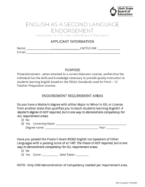Fillable Online schools utah English as a Second Language (ESL ...