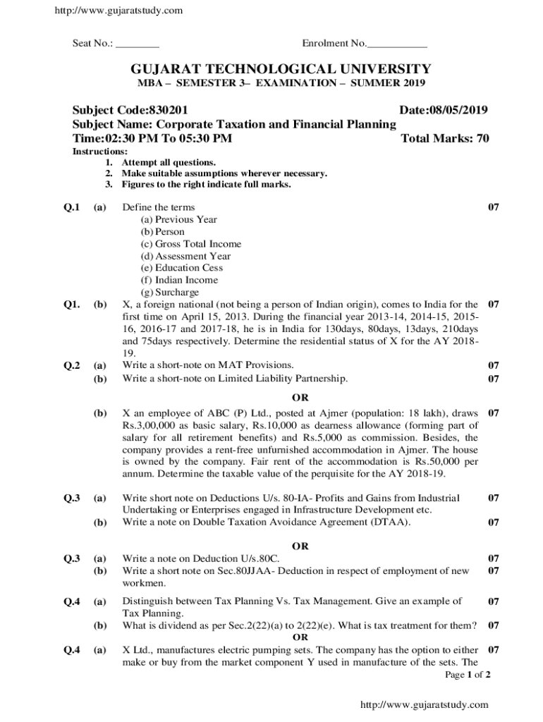 Fillable Online mba-3-sem-corporate-taxation-and ... - GTU question ...