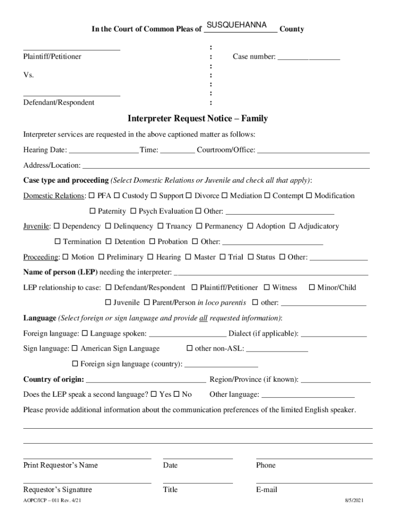 Fillable Online Interpreter Request NoticeCivil/Family Fax Email Print ...